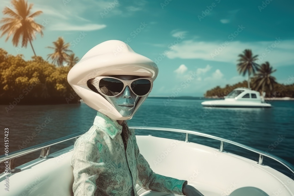 Aliens on earth in sunglasses on vacation on Earth ride on a yacht ...