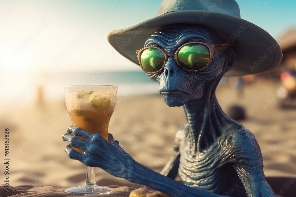 The alien is resting and drinking on the beach. cocktails on wraps ...