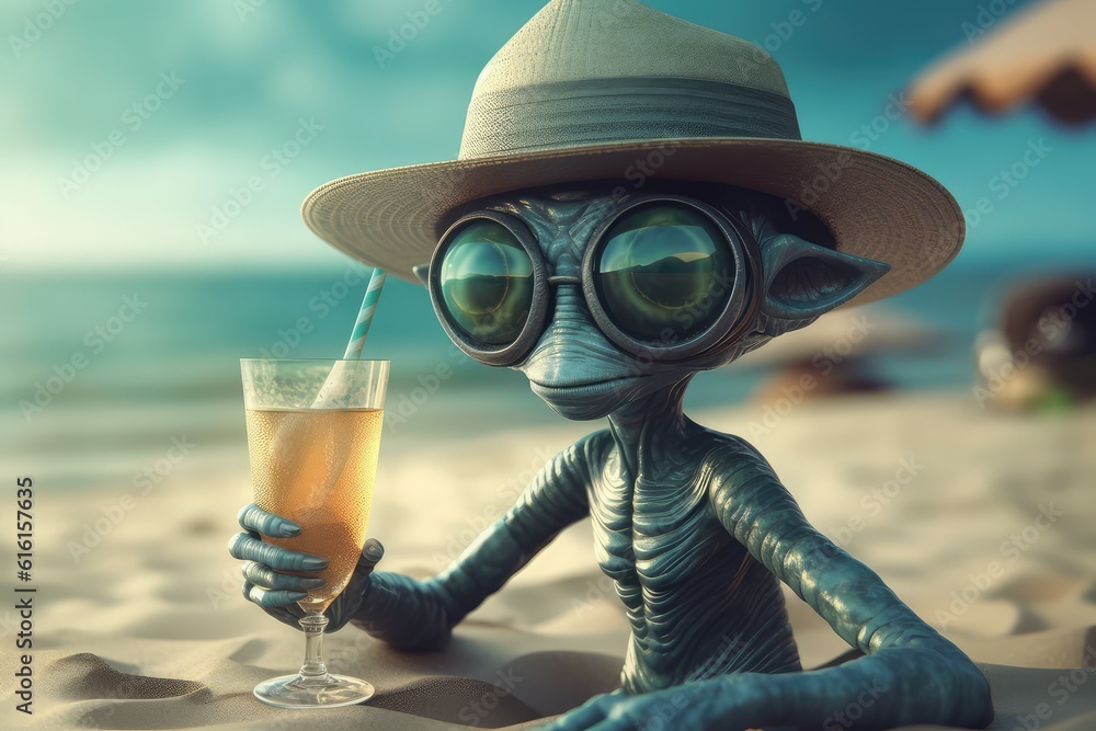 The alien is resting and drinking on the beach. cocktails on wraps ...