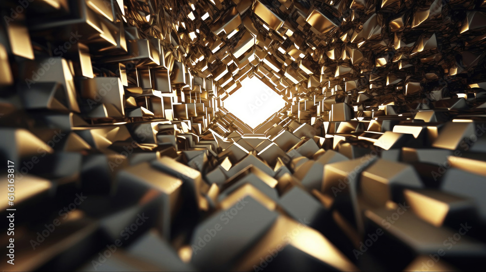Shimmering Metal Cubes In A Tunnel Of Light And Shadows With A Center ...