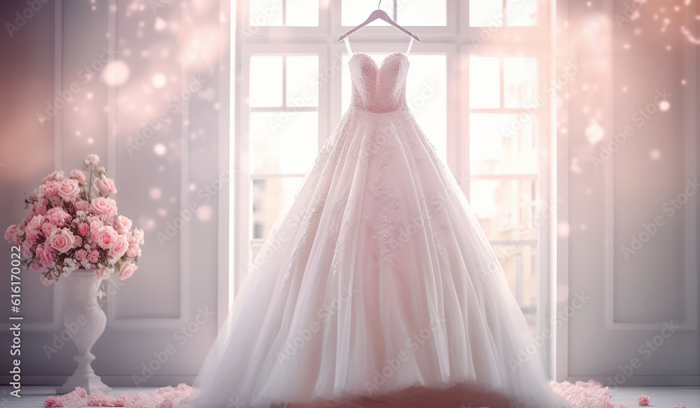 Closeup pink wedding dress in bridal salon room background. Banner ...