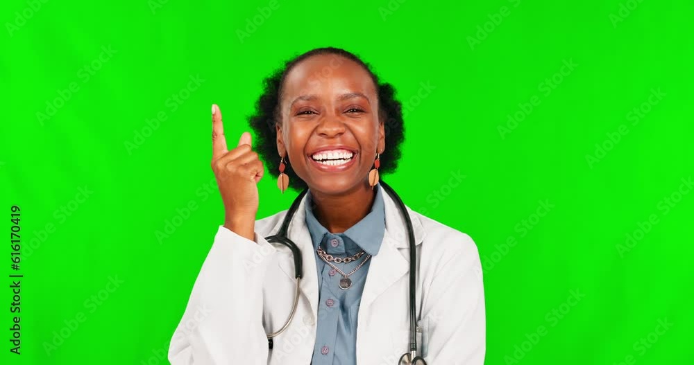 Thinking, idea and doctor with black woman on green screen for solution ...