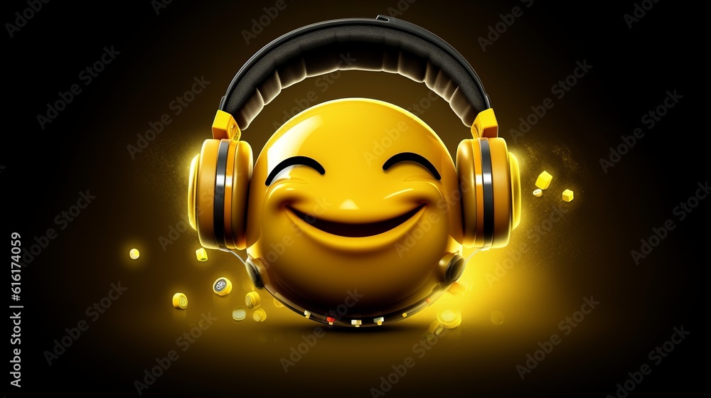 Smiley Listen Music emoji features a yellow face with eyes, wearing ...