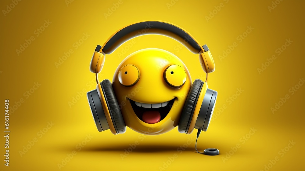 Smiley Listen Music emoji features a yellow face with eyes, wearing ...