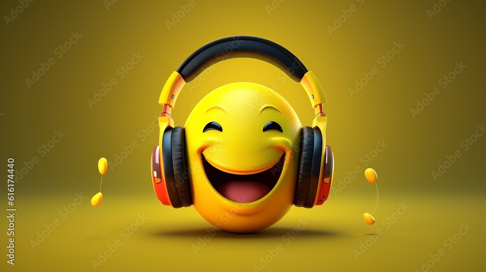 Smiley Listen Music emoji features a yellow face with eyes, wearing ...