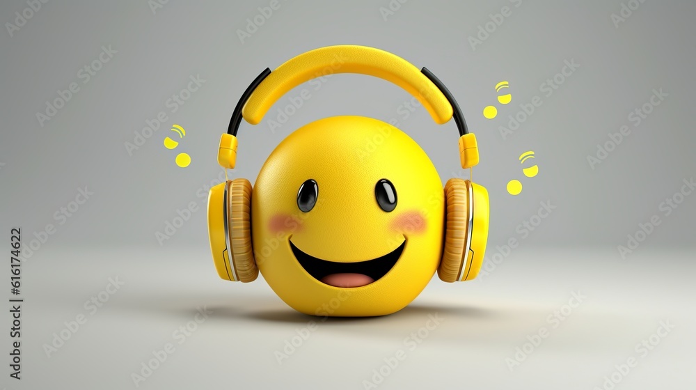 Smiley Listen Music emoji features a yellow face with eyes, wearing ...