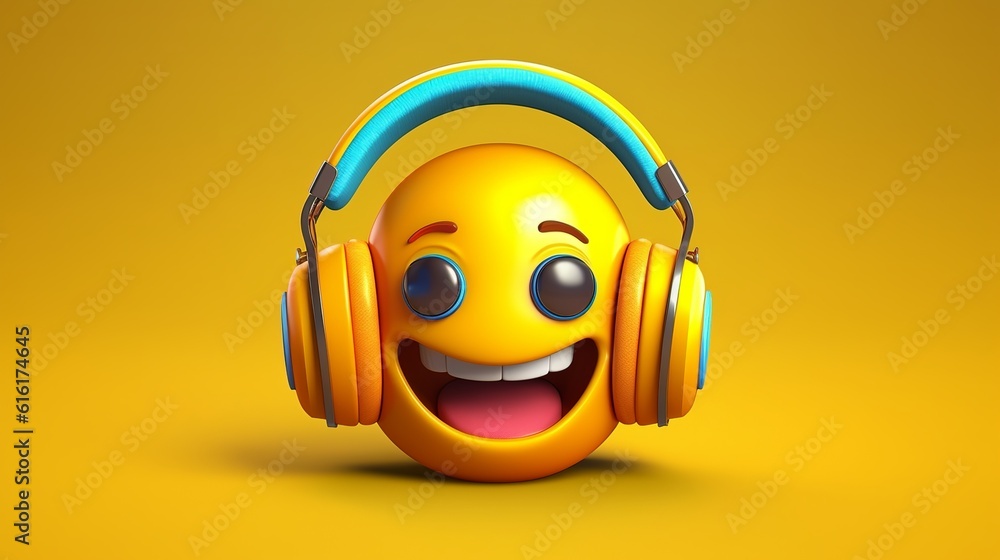 Smiley Listen Music emoji features a yellow face with eyes, wearing ...