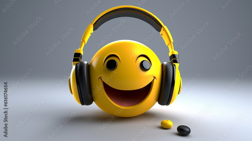 Smiley Listen Music emoji features a yellow face with eyes, wearing ...