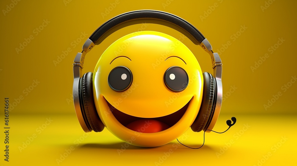 Smiley Listen Music emoji features a yellow face with eyes, wearing ...