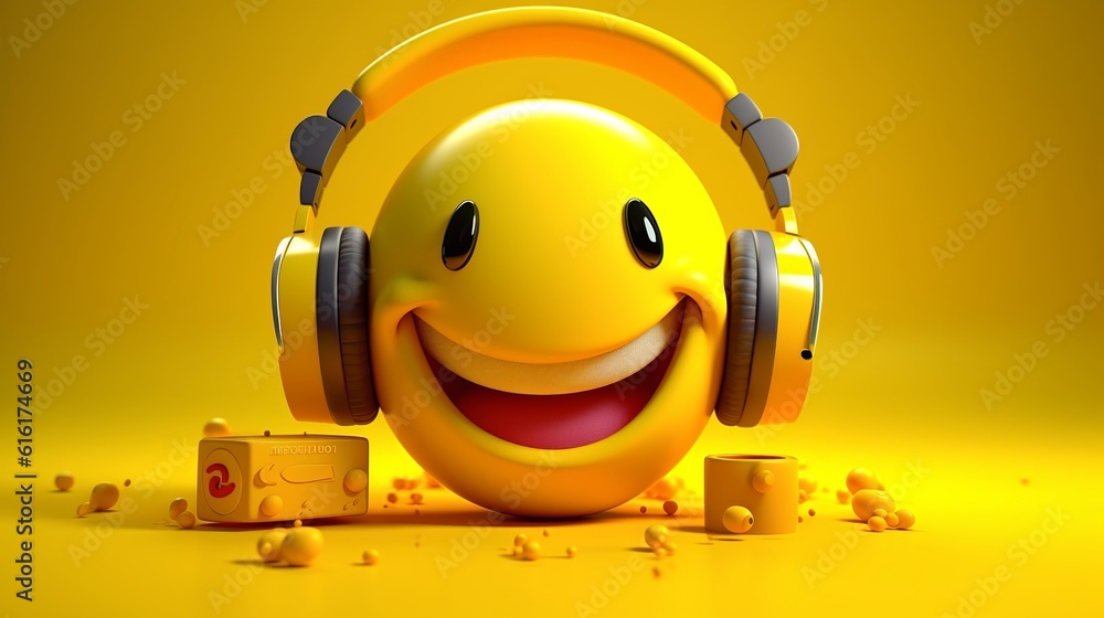 Smiley Listen Music emoji features a yellow face with eyes, wearing ...