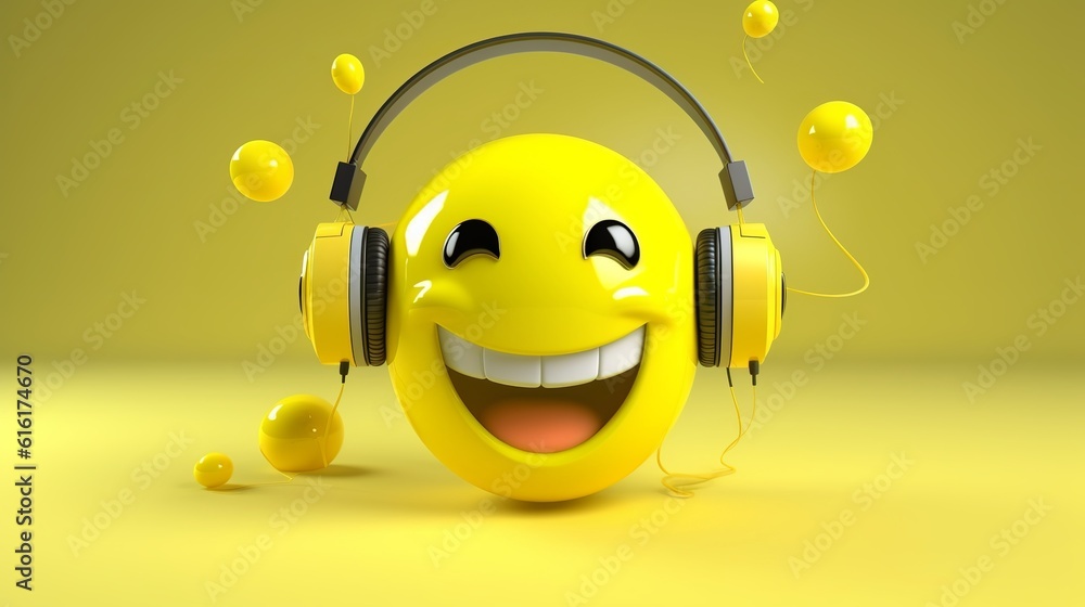 Smiley Listen Music emoji features a yellow face with eyes, wearing ...