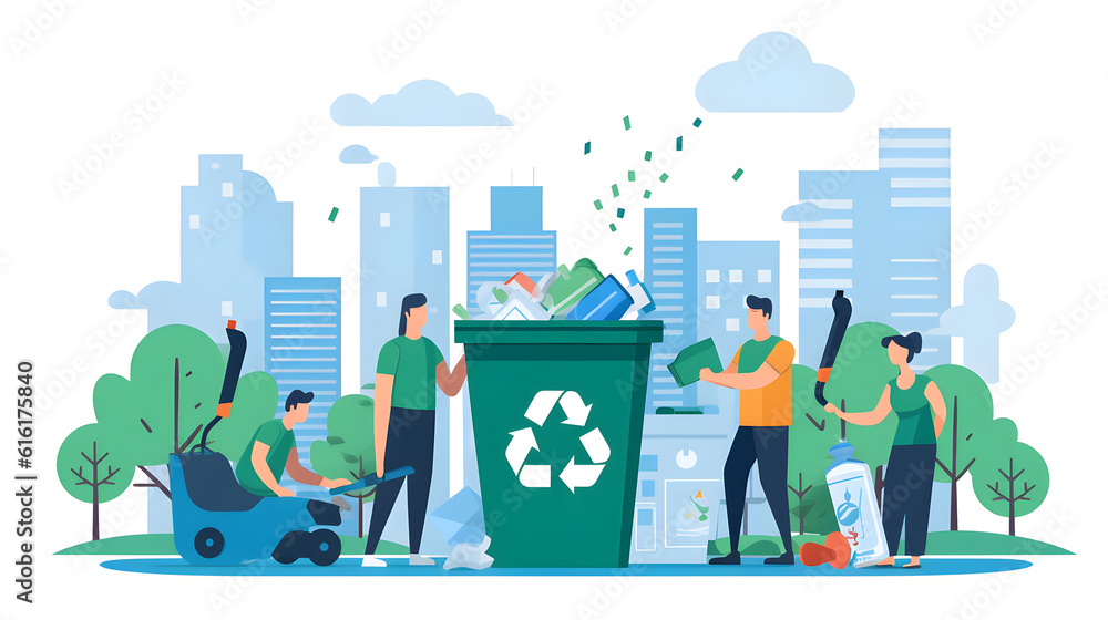 a flat design scene with abstract characters collecting garbage for ...