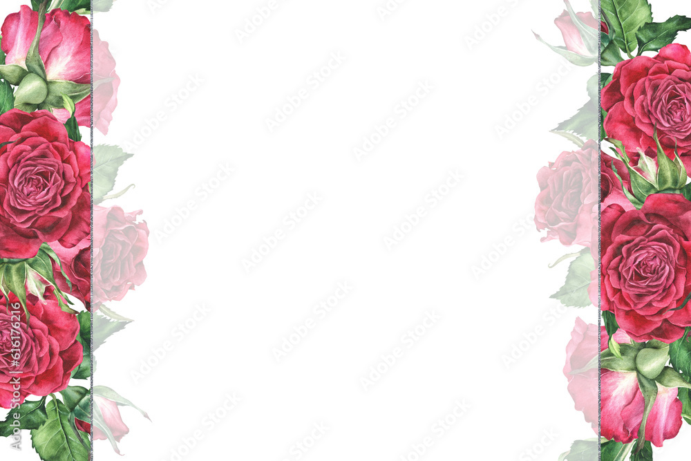 Rectangular card blank of pink roses. Watercolor botanical illustration ...