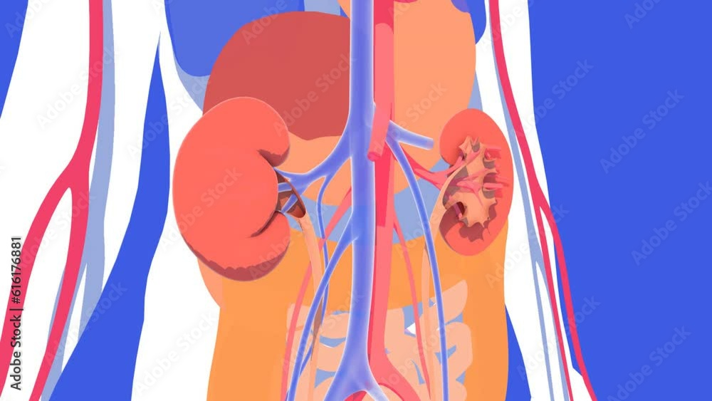 3d animation of the kidneys and urinary system in relief. On the ...