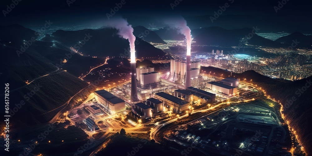 Top view of a power plant at night, its lights twinkling like stars ...