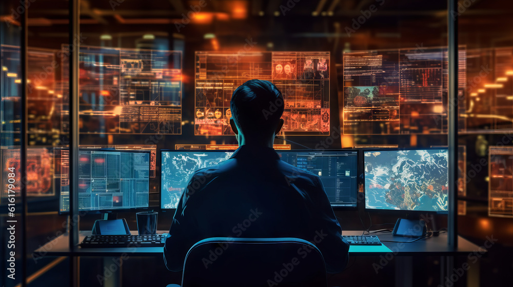 A cybersecurity professional working on multiple monitors displaying ...