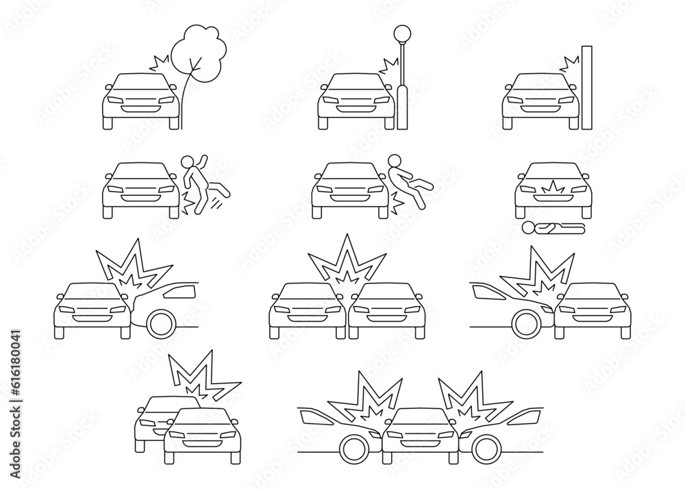 Vetor de Car crash, accident of transport, line art icon set. Collision ...