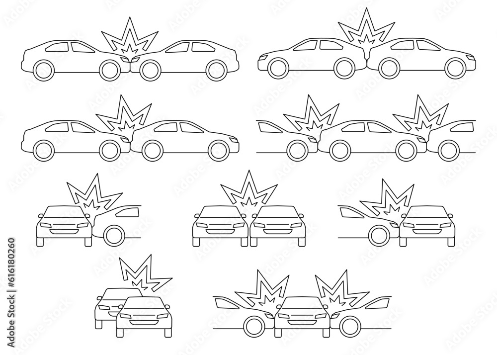 Car crash, accident of transport, line art icon set. Side, frontal and ...