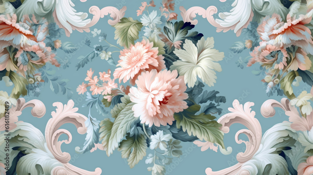 Vintage Rococo Flower Fabric Pattern in Blue, White, Pink, and Green ...