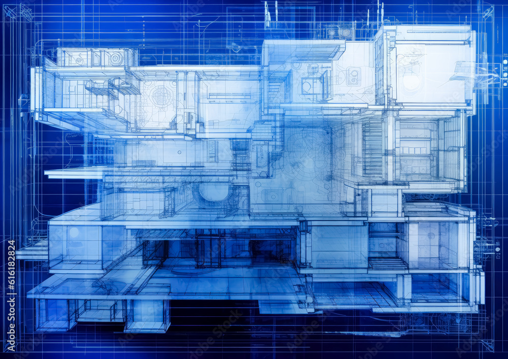 Blueprint of a architectural house plan, in the style of complex ...