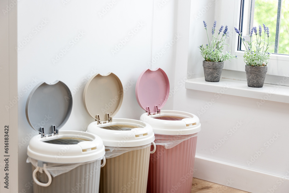 Sorting garbage in bins, trash buckets in modern kitchen for separate ...