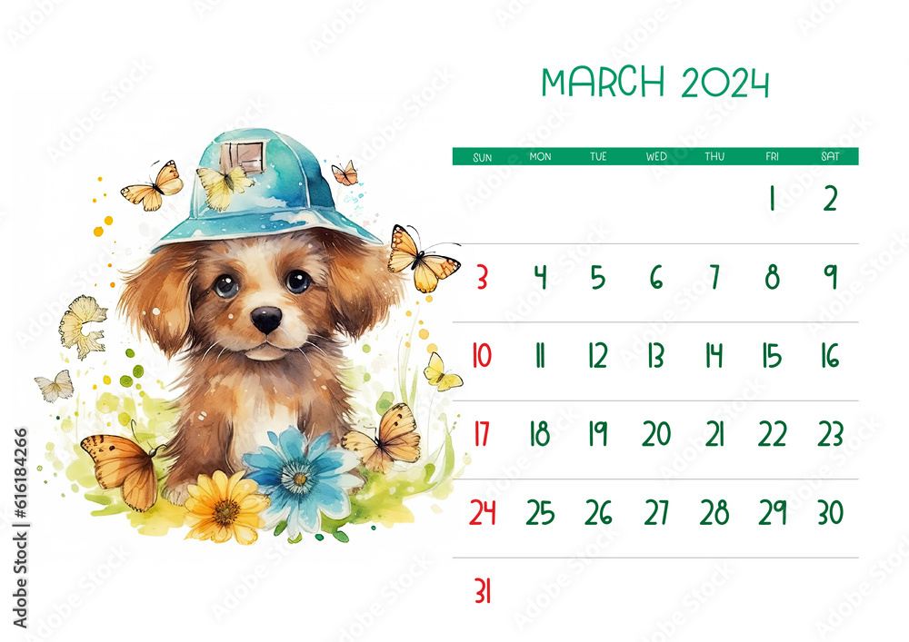 Watercolor Printable Calendar 2024. Calendar with Cute Puppy for Kids ...