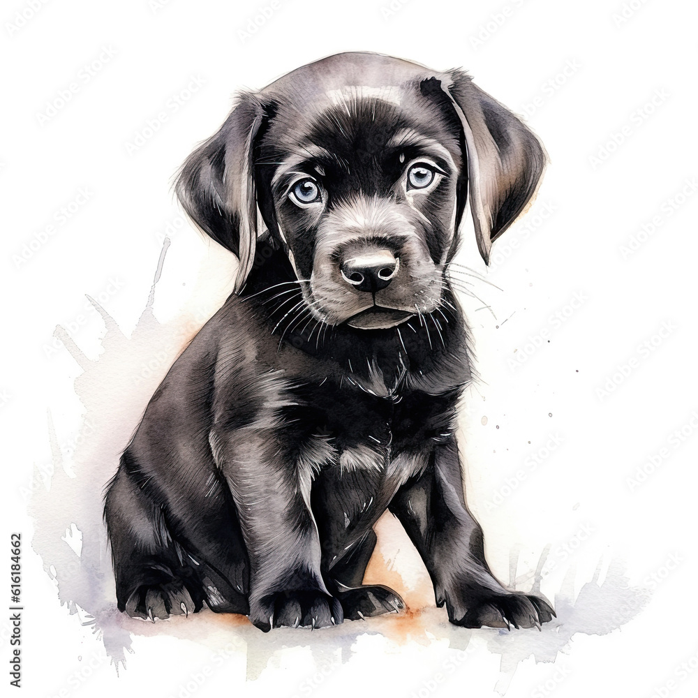Cute black labrador puppy, front view, isolated on white background ...