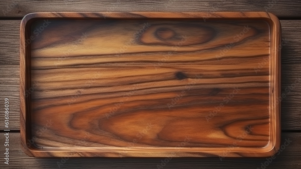 Rectangular surface of a brown wooden tray, showcasing the natural ...