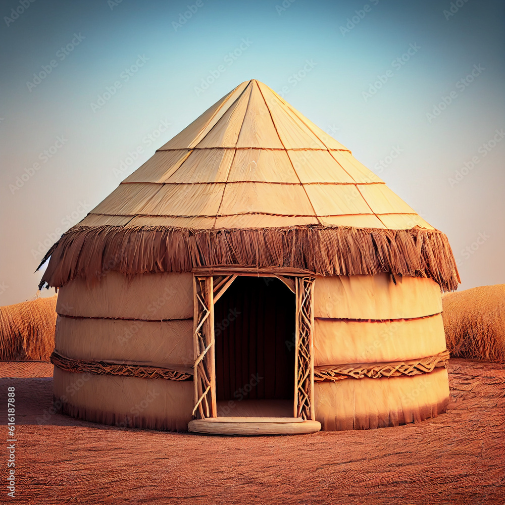 Primitive basic hut yurt house built from straw isolated on a ...