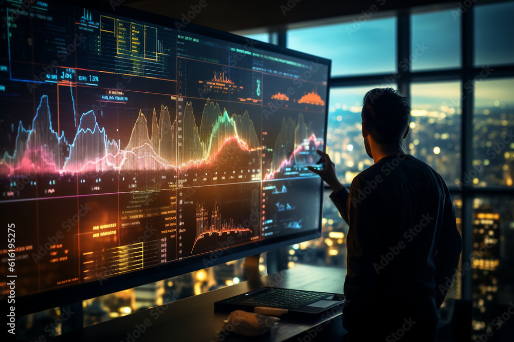 scrolling digital charts and financial information hovering in the air ...