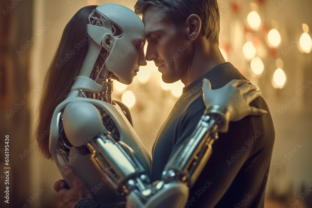 Love relationship between a human and a robot. The connection of human feelings. Future attitud ...