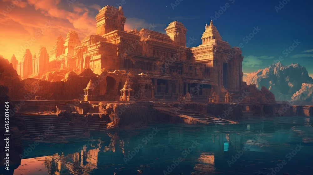 Ancient city buried deep within a desert or underwater realm. Depict ...