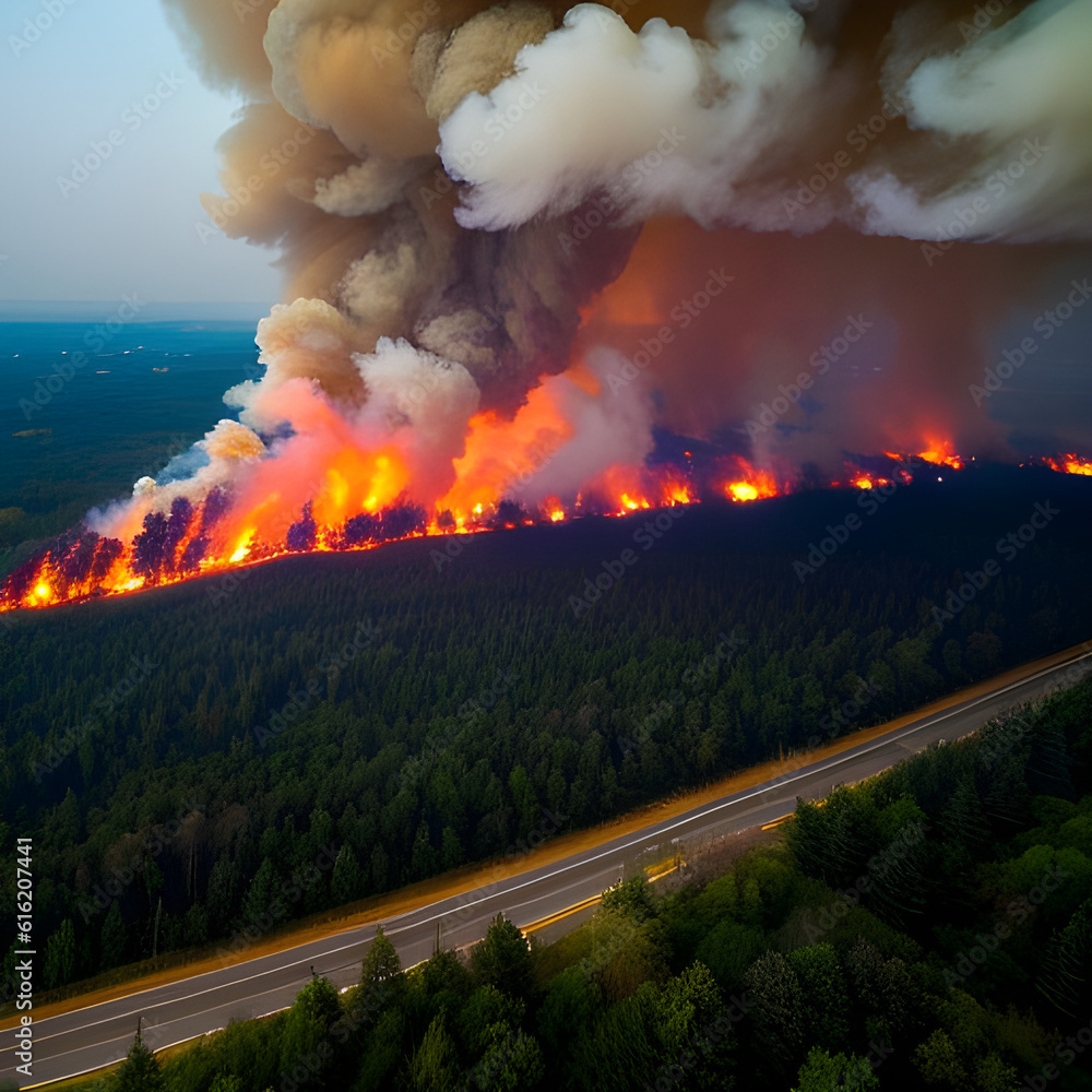 Massive forest fire, strong flames, forest fires with a lot of smoke ...
