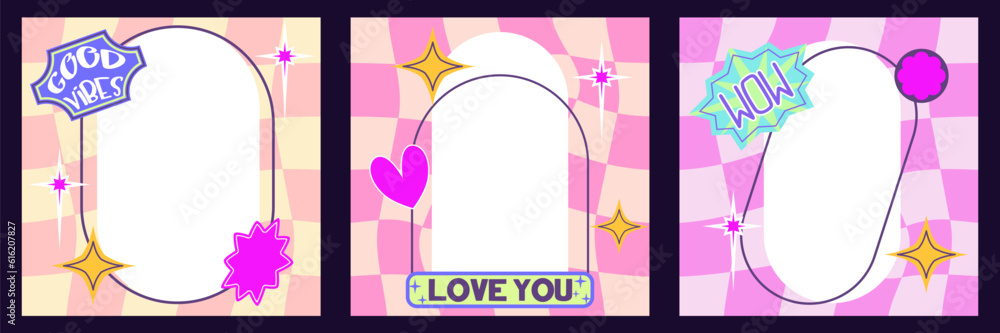 Y2K template with frame and chekerboard. 90s retro design with stickers ...