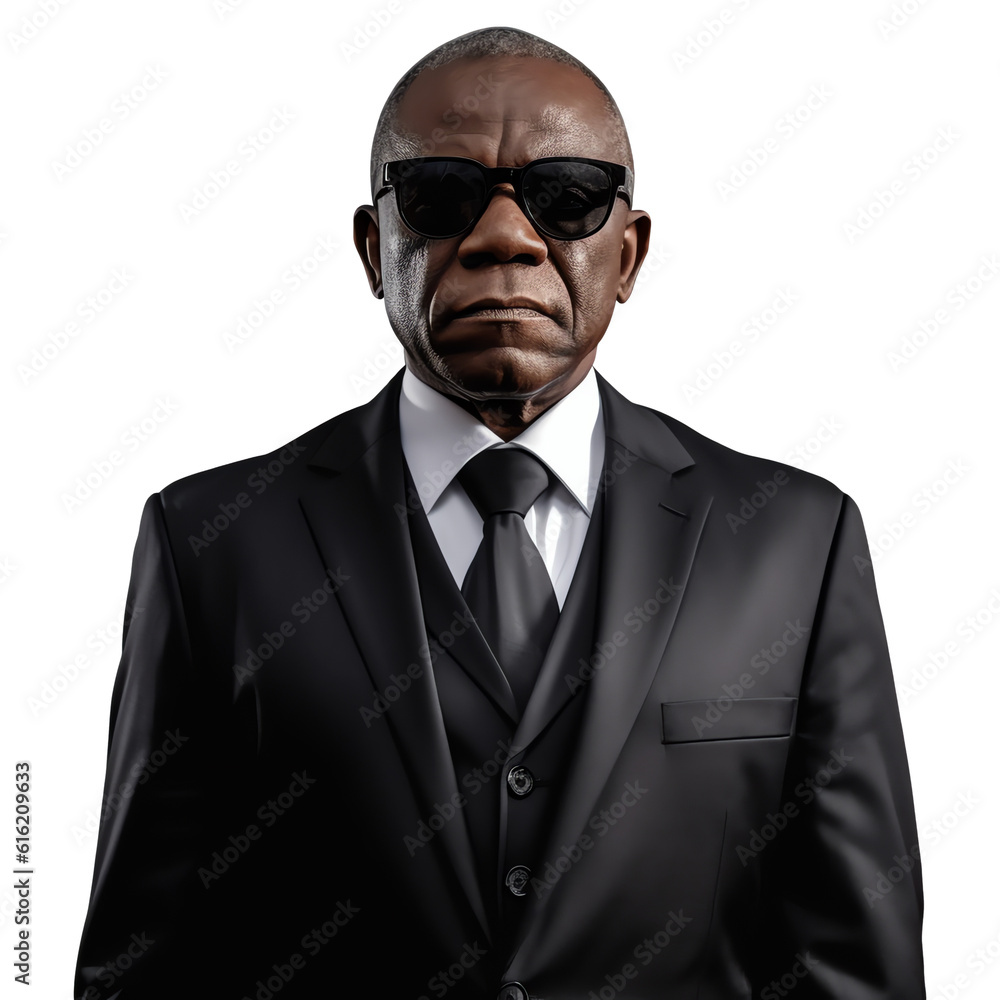 Serious black bodyguard special agent wearing dark glasses and suit ...