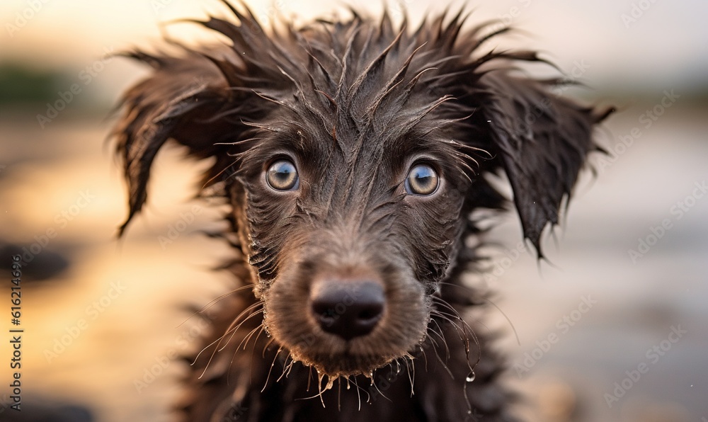 a close up of a wet dog's face with a blurry sky in the back ground ...
