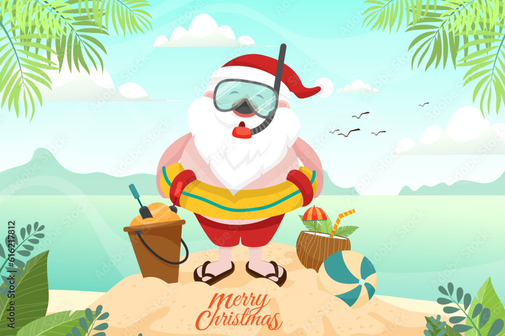 Santa Claus wearing swim ring. Summer Santa Claus with scuba he has a ...