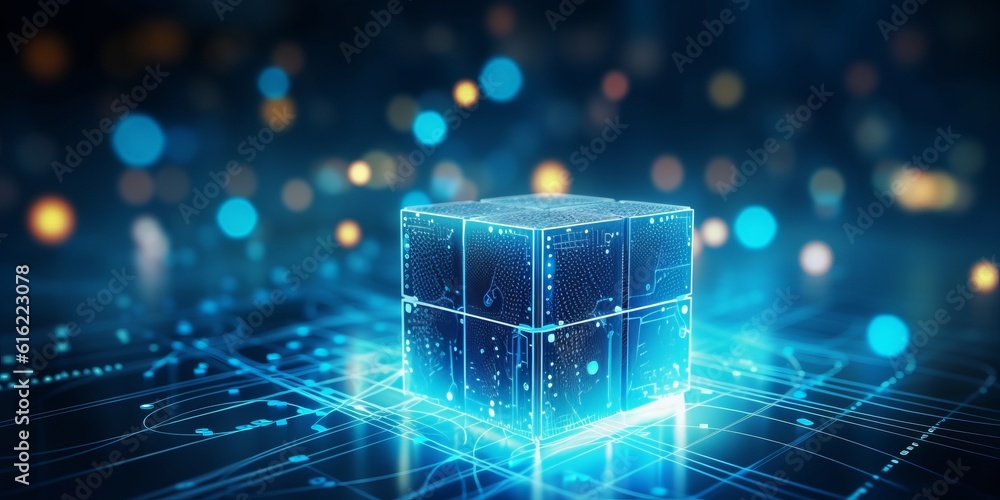 Cube technology on Converging point of circuit with Abstract blue background. Blockchain Network ...