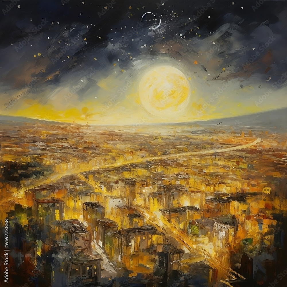 Expressive oil painting of night city, yellow sky with oil paint stars ...
