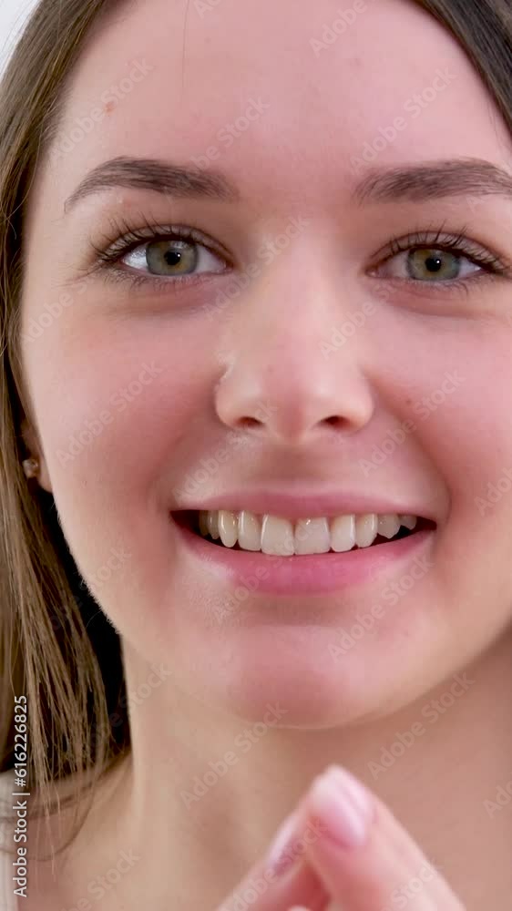 young girl clapped hands with admiration looks joy smile Delight gentle ...