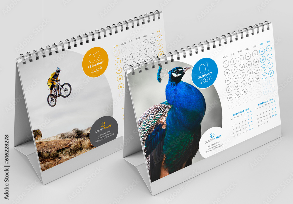 Desk Calendar 2024 Layout with Blue and Orange Accents Stock Template ...