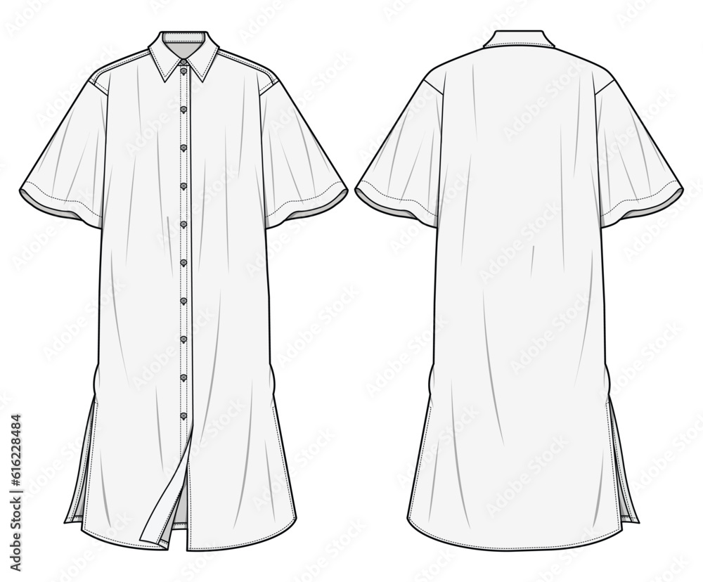 Butterfly Sleeve collared button down side slit shirt dress Front and ...