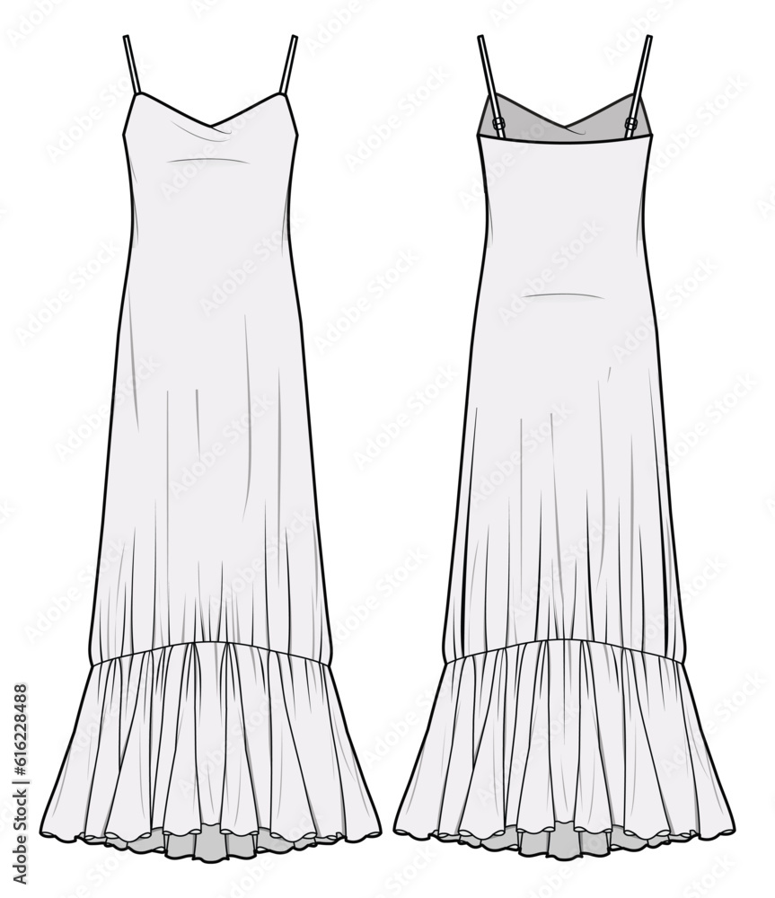 Vecteur Stock Cowl Neck Frill Hem Strappy Maxi Dress, Slip Dress Front ...