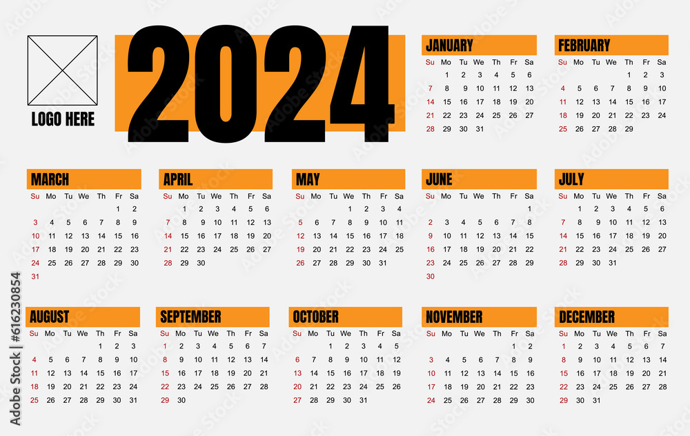 Calendar 2024 template vector, simple minimal design, international ...