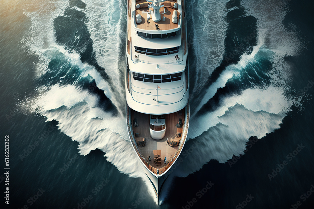 Overhead view of a modern cruise ship in a calm sea with crystal clear ...