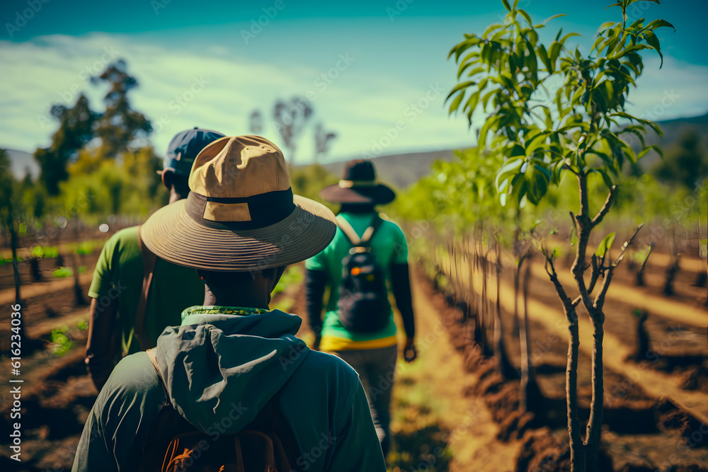 Rear view of a tree planter a man walks along the future tree planting ...
