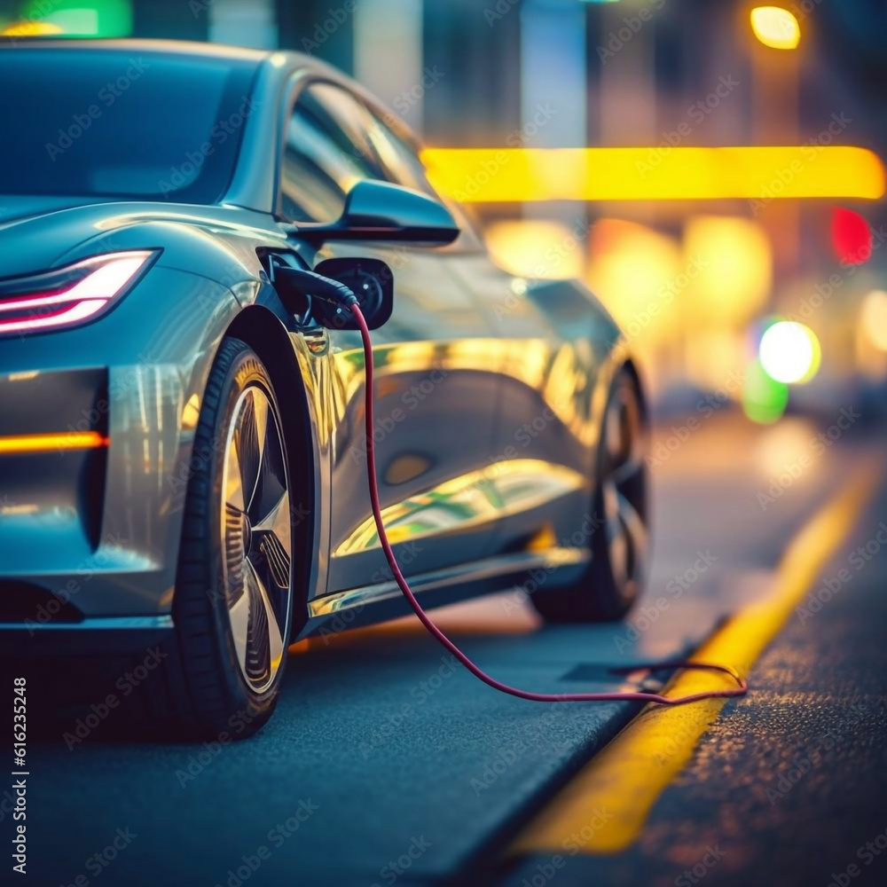 Close-up modern EV Car recharging battery from EV charging machine on ...