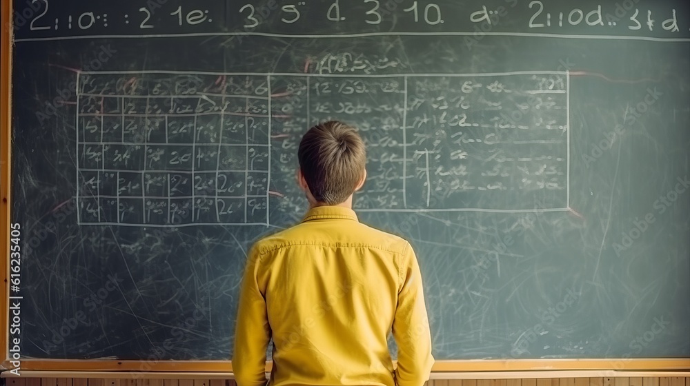 School teacher and lecturer near chalkboard blackboard, background with ...