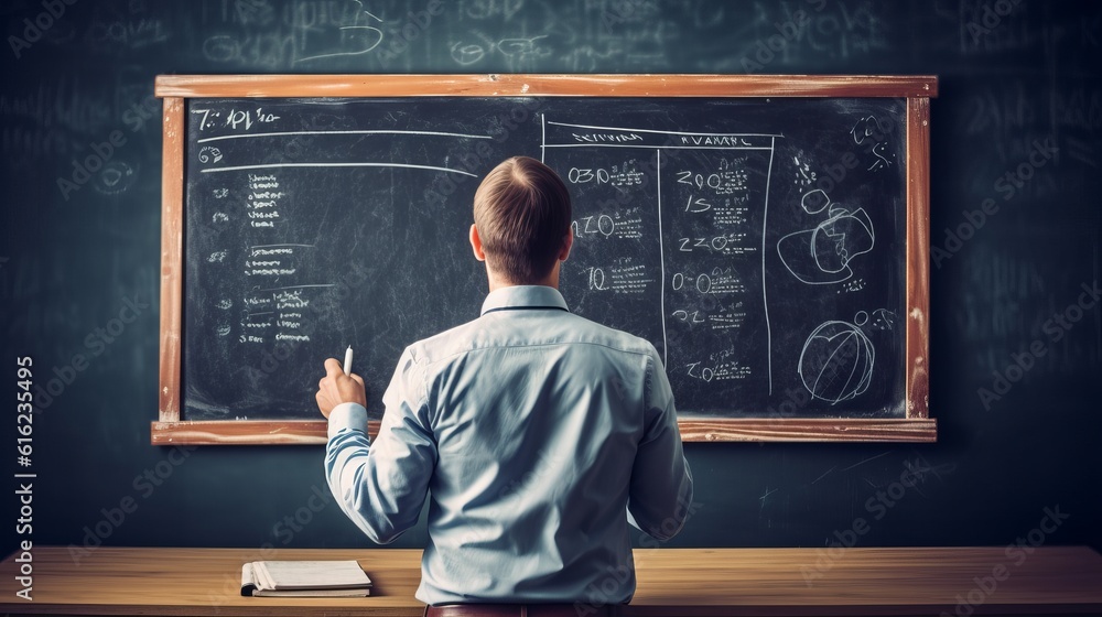 School teacher and lecturer near chalkboard blackboard, background with ...