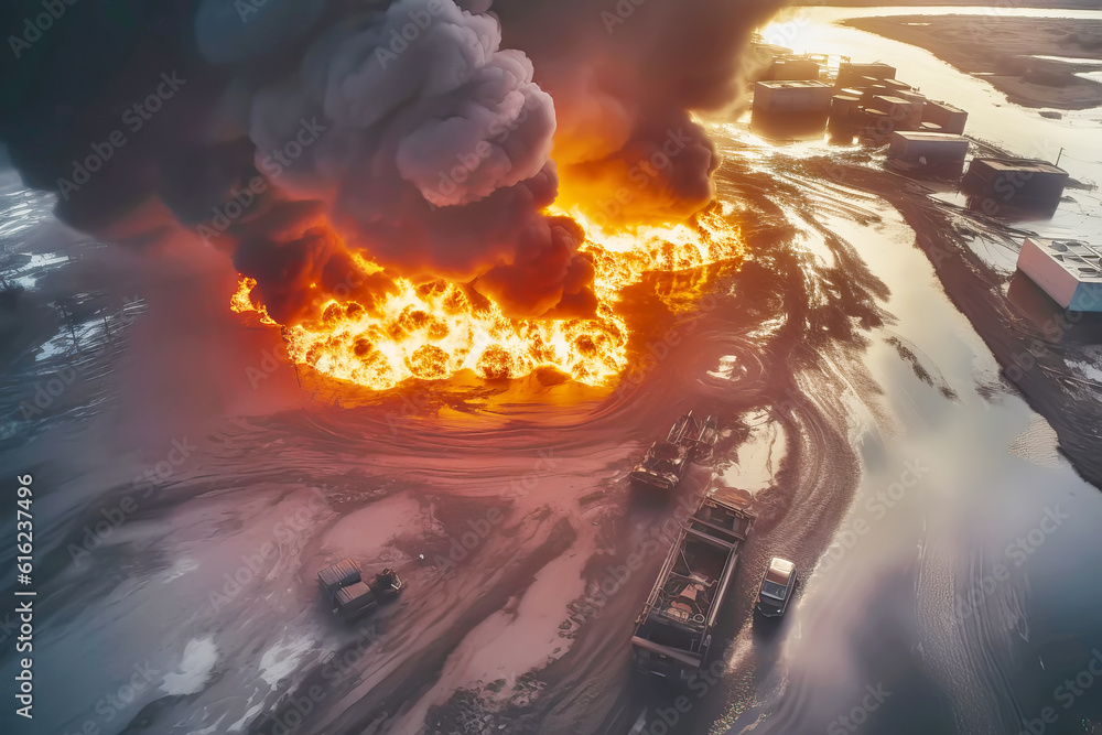 Aerial view of Cargo ship explosion with fire and smoke. Generative AI ...